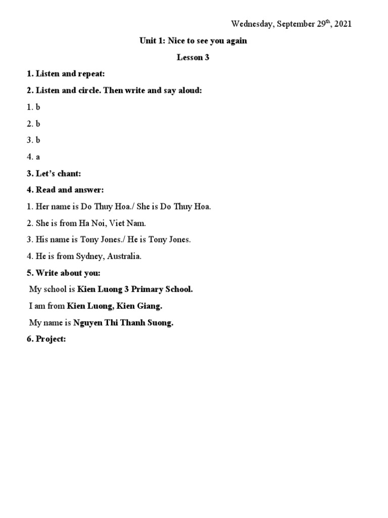 Bài Ghi Unit 1-Lesson 3-E4 | PDF
