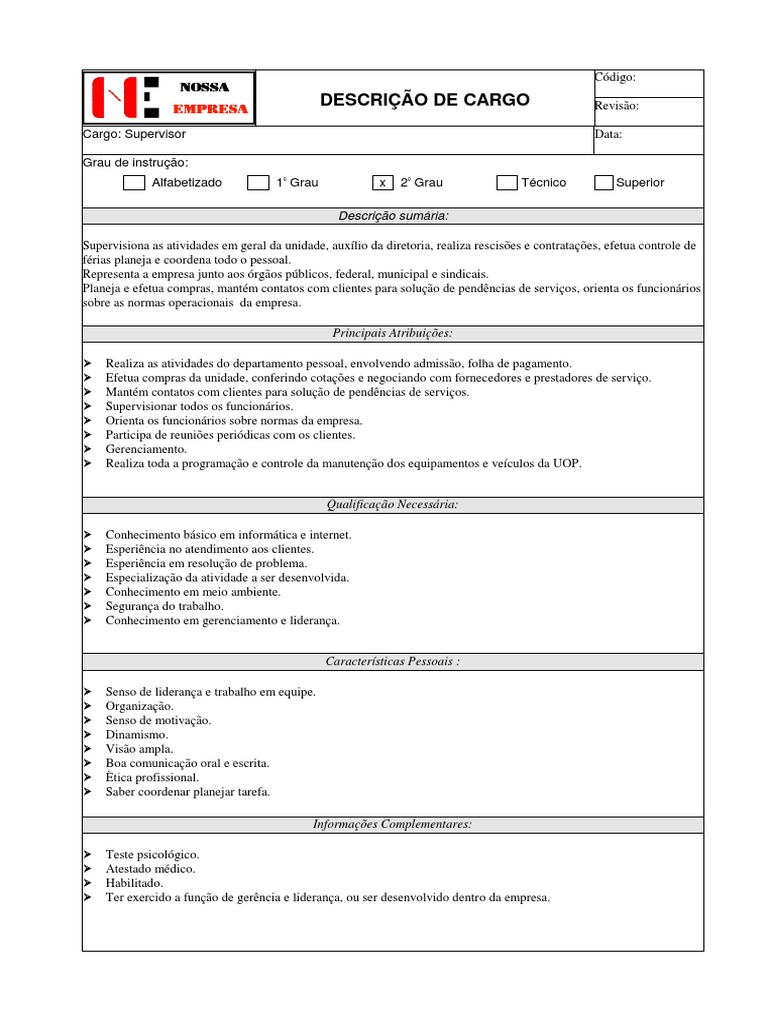 Descrição de Cargo - Modelo Simplificado | PDF