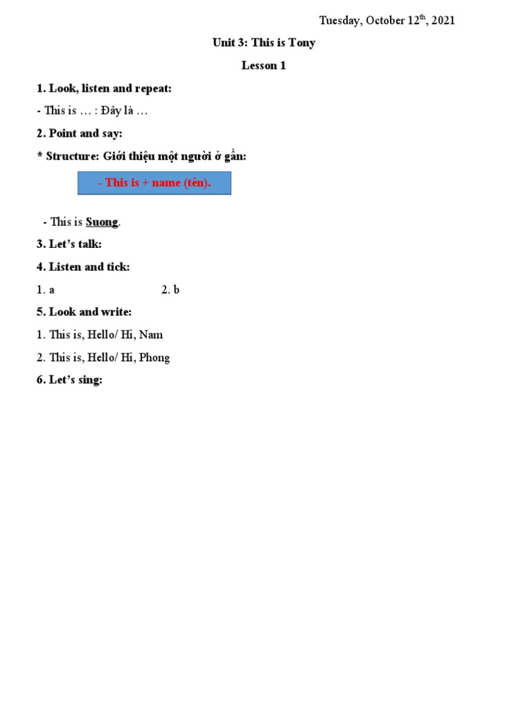 Bài Ghi Unit 3-Lesson 1-Tiếng Anh 3 | PDF