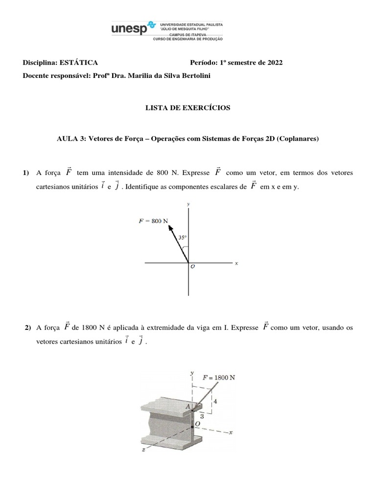 Lista Aula 3 - Vetores de Força Parte 2 Forças 2D Coplanares | Download ...