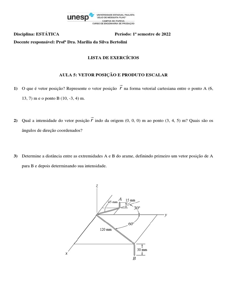 Lista Aula 5 - Vetor Posição e Produto Escalar | PDF