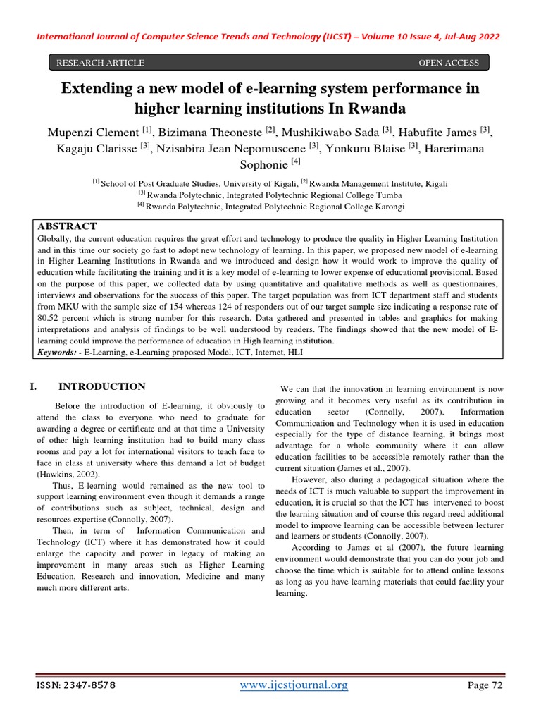 Extending A New Model of E-Learning System Performance in Higher Learning Institutions in Rwanda ...