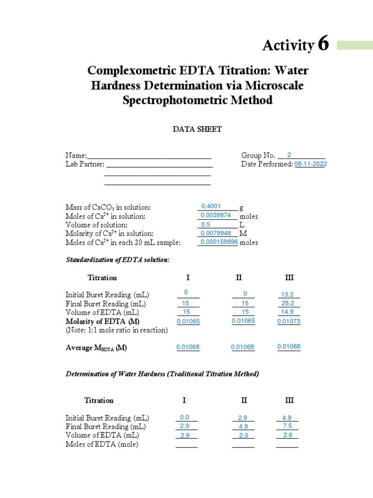 Act 6 - Water Hardness Determination - Worksheet | PDF | Calcium ...