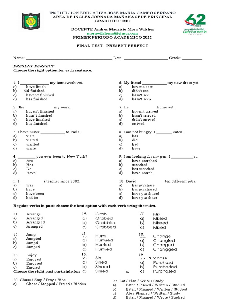 Institución Educativa José María Campo Serrano: Present Perfect | PDF | Linguistic Morphology ...