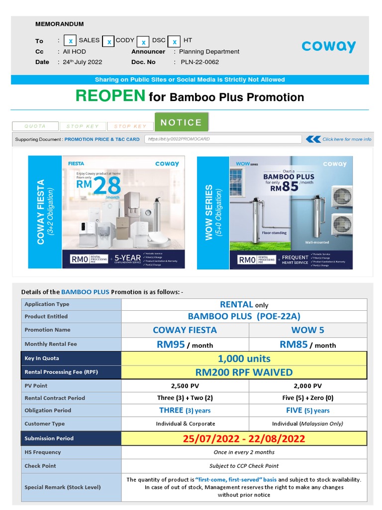 MEMO PLN-22-0062 Reopen For Bamboo Plus Promotion | PDF | Payments | Business