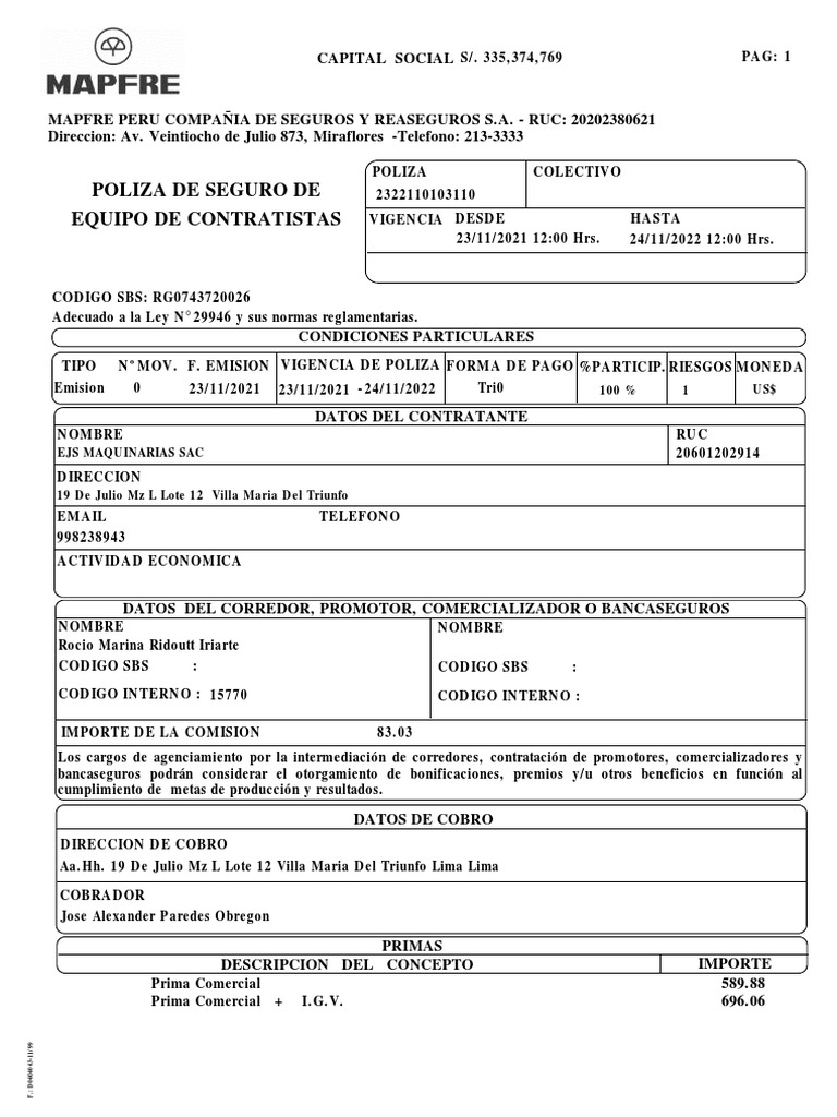 Seguro Trec - Doosan 340 Oruga 2322110103110 | PDF | Póliza de seguros | Seguro