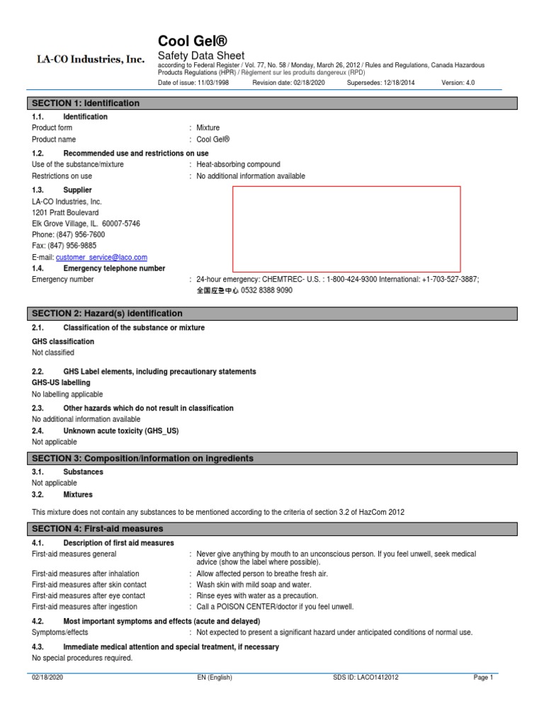 Cool Gel®: Safety Data Sheet | PDF | Toxicity | Labor Relations