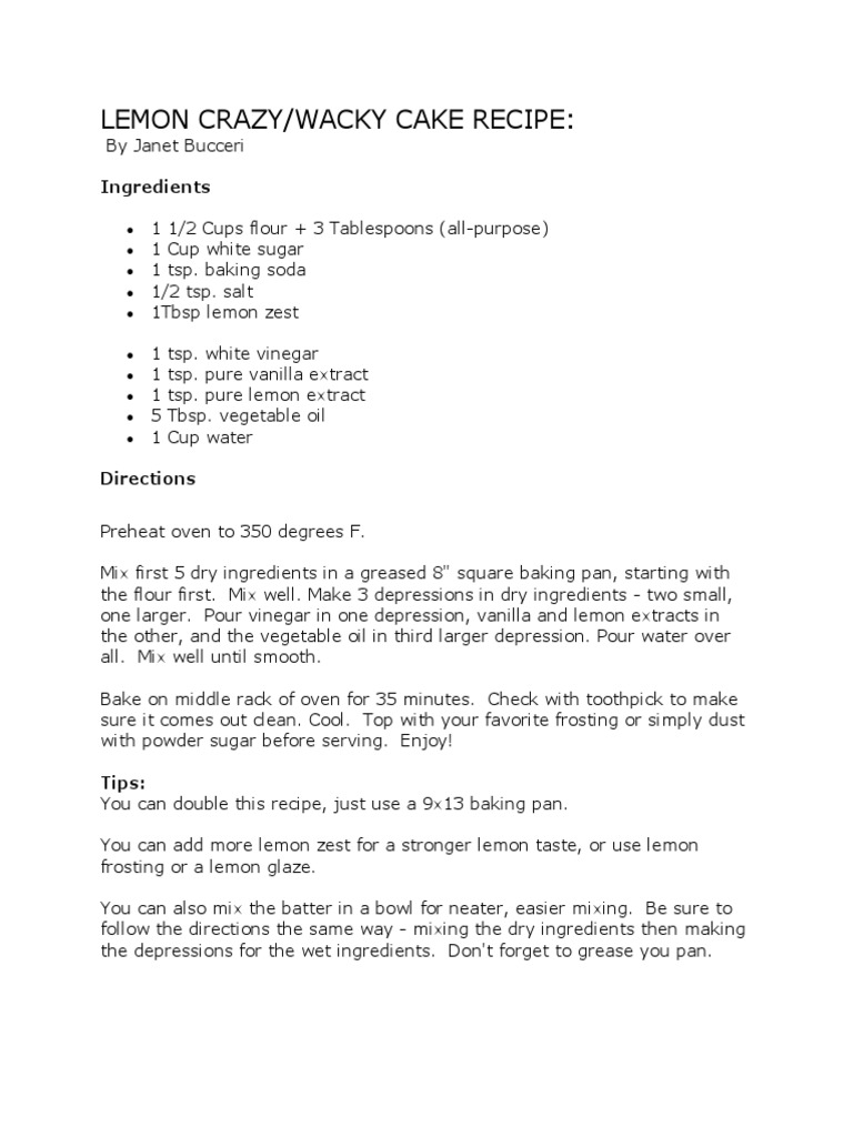 Lemon Crazy/Wacky Cake Recipe:: Ingredients | PDF | Cooking, Food & Wine