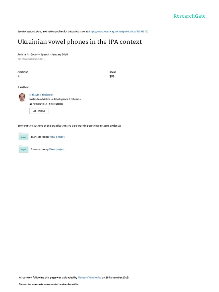 Vakulenko Maksym. 2018. Ukrainian Vowel | PDF | Vowel | Phonetics