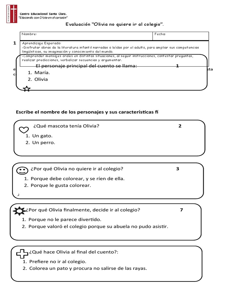 Resumen del cuento 'Olivia no quiere ir al colegio' | PDF
