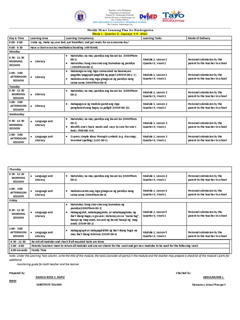 Day & Time Learning Area Learning Competency Learning Tasks Mode of ...