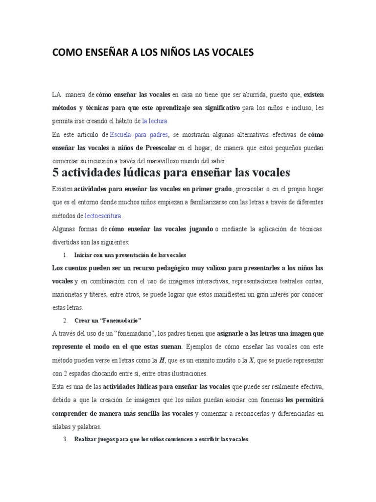 Como Enseñar A Los Niños Las Vocales | PDF | Vocal | Educación de la ...