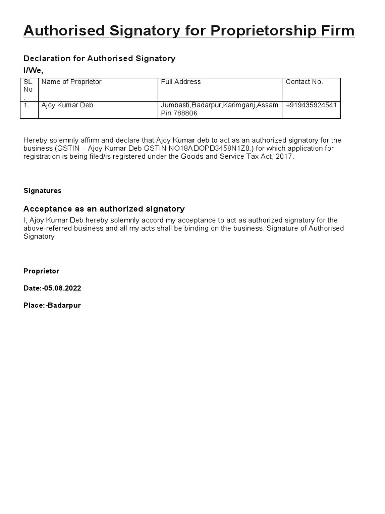 Authorised Signatory For Proprietorship Firm | PDF