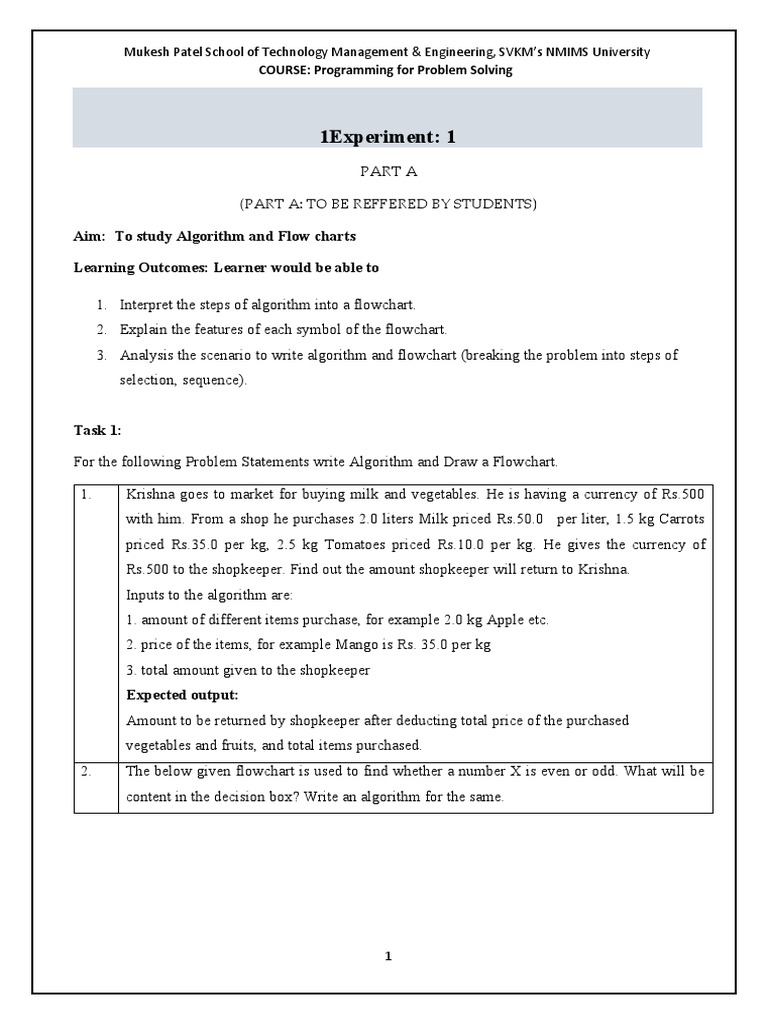 1experiment: 1: Aim: To Study Algorithm and Flow Charts Learning Outcomes: Learner Would Be Able ...