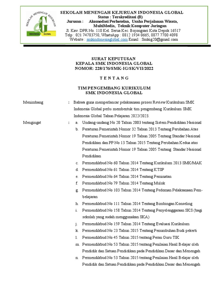 SK Tim Pengembang Kurikulum SMK | PDF