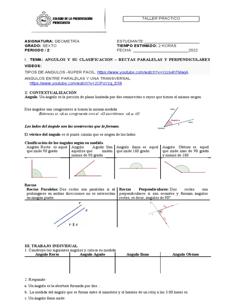 Taller 3 Geometría Sexto | Descargar gratis PDF | Ángulo | Perpendicular