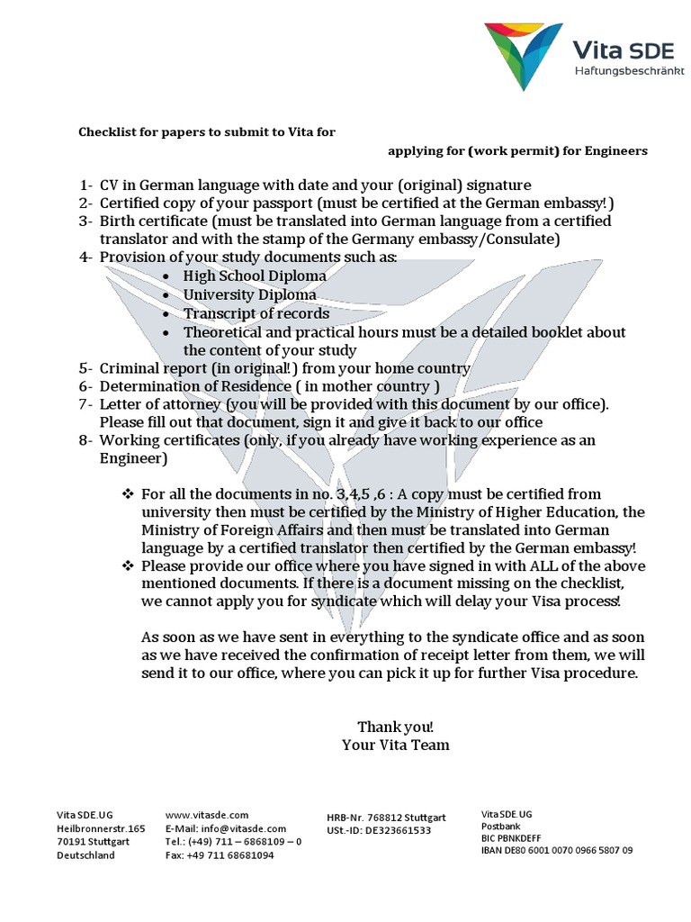 Engineer Work Permit Document Checklist | PDF | Travel Visa | Document