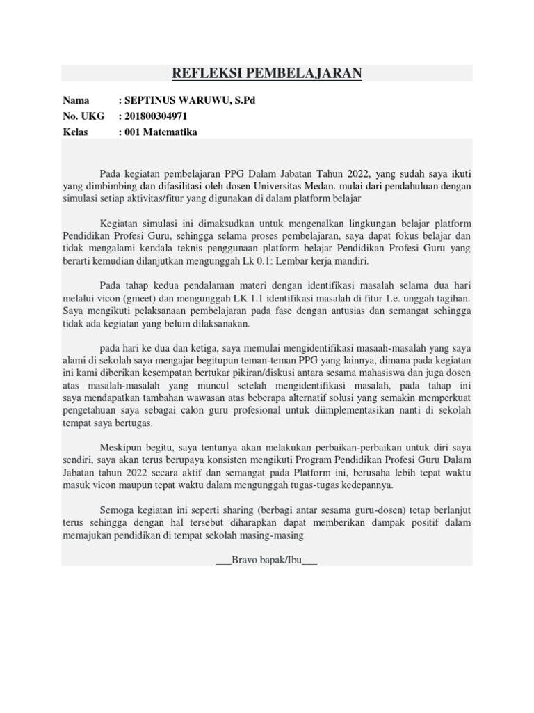 Refleksi Pembelajaran (SEPTINUS WARUWU) | PDF | Karier & Perkembangan