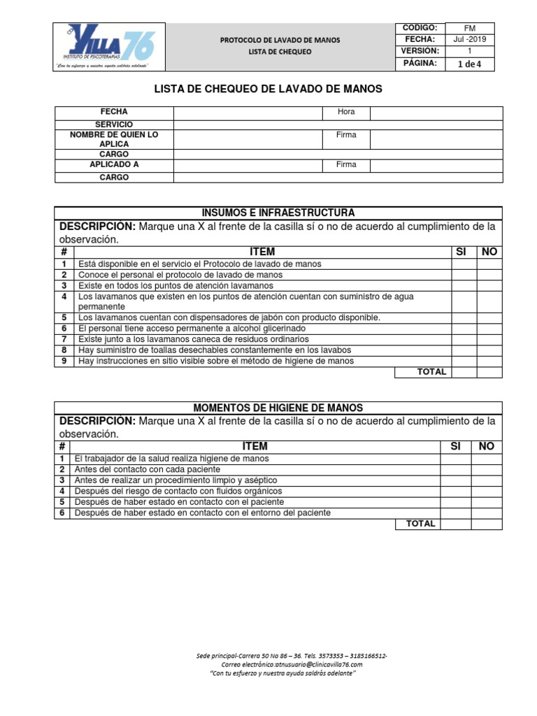 FM Lista de Chequeo de Lavado de Manos V1 | PDF | Lavado de manos | Mano