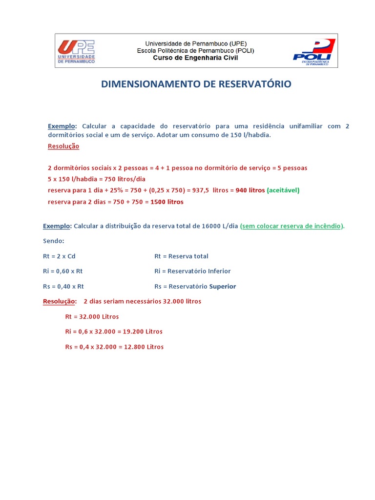 Dimensionamento de Reservatórios de Água: Cálculos e Exemplos ...