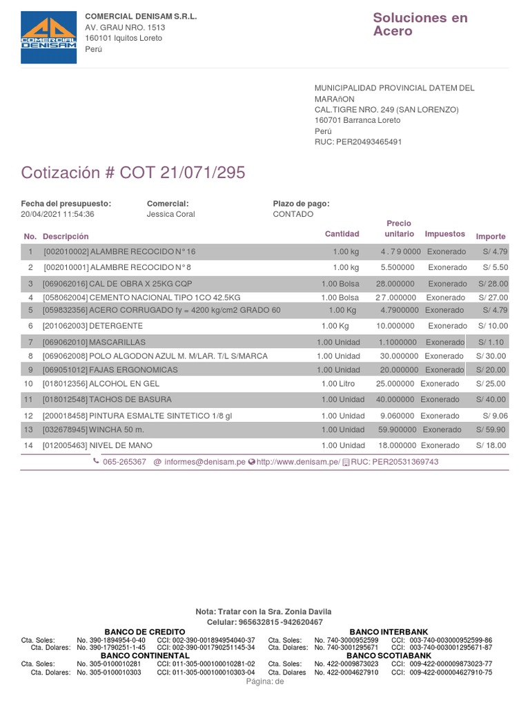 Cotización de materiales de construcción y artículos de limpieza de la empresa Comercial Denisam ...