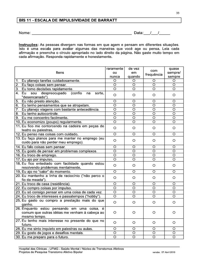 Escala Barrat de Impulsividade | PDF