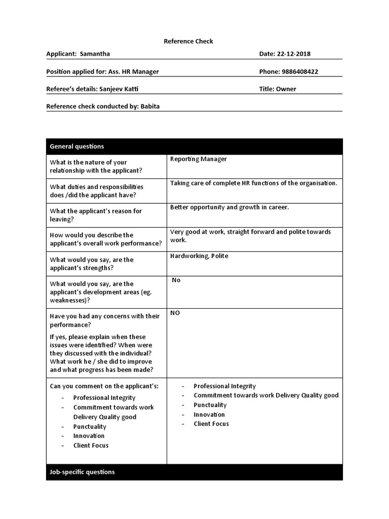 Samantha Reference Check | PDF