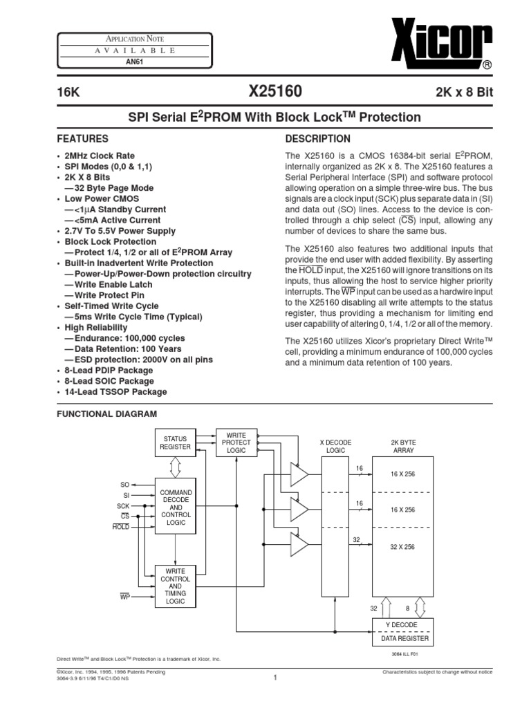 X25160 16K 2K X 8 Bit SPI Serial E PROM With Block Lock Protection ...