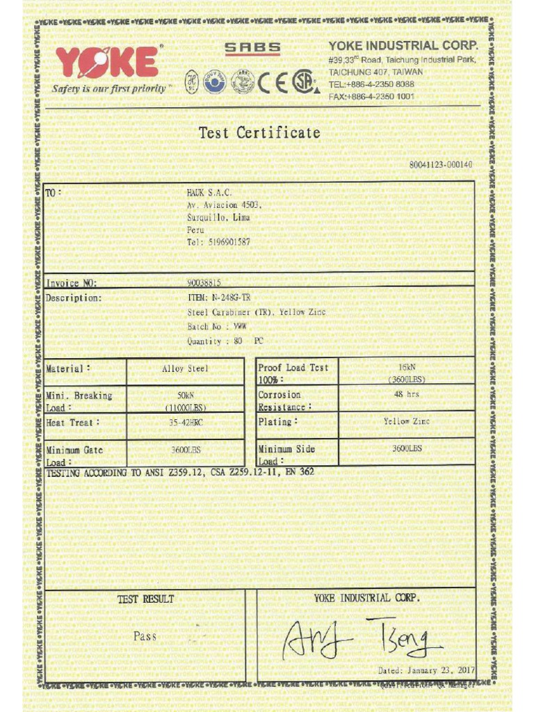 Certificado Mosqueton Yoke | PDF