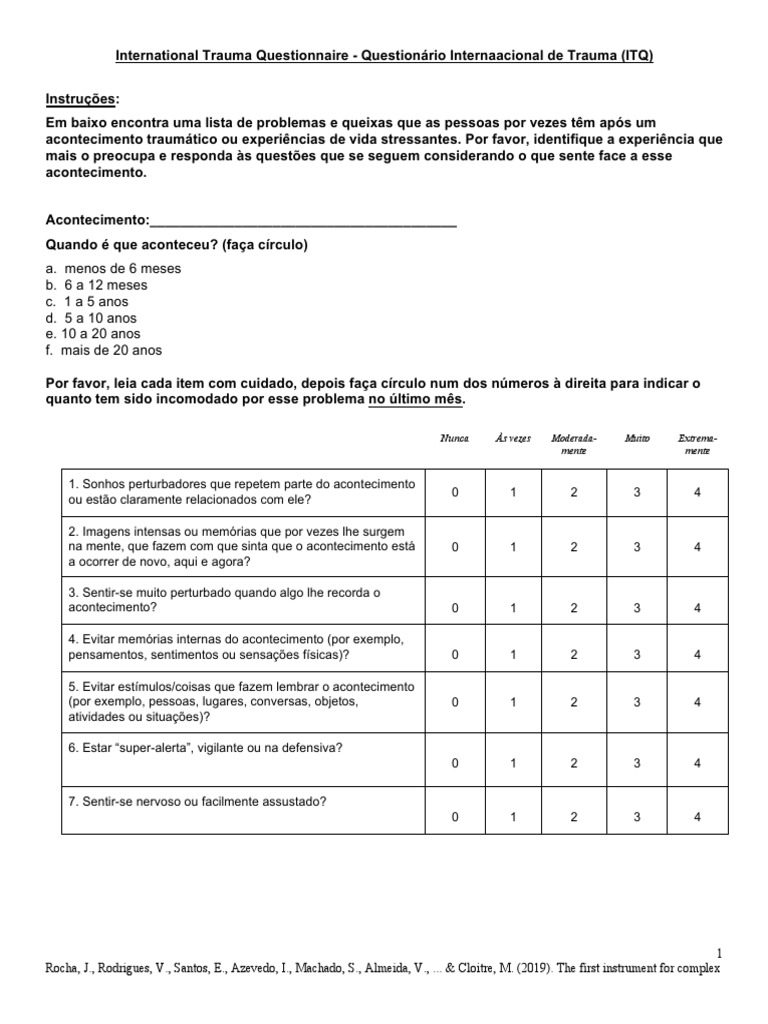 Questionário Internacional de Trauma (ITQ) | PDF | Trauma psicológico ...