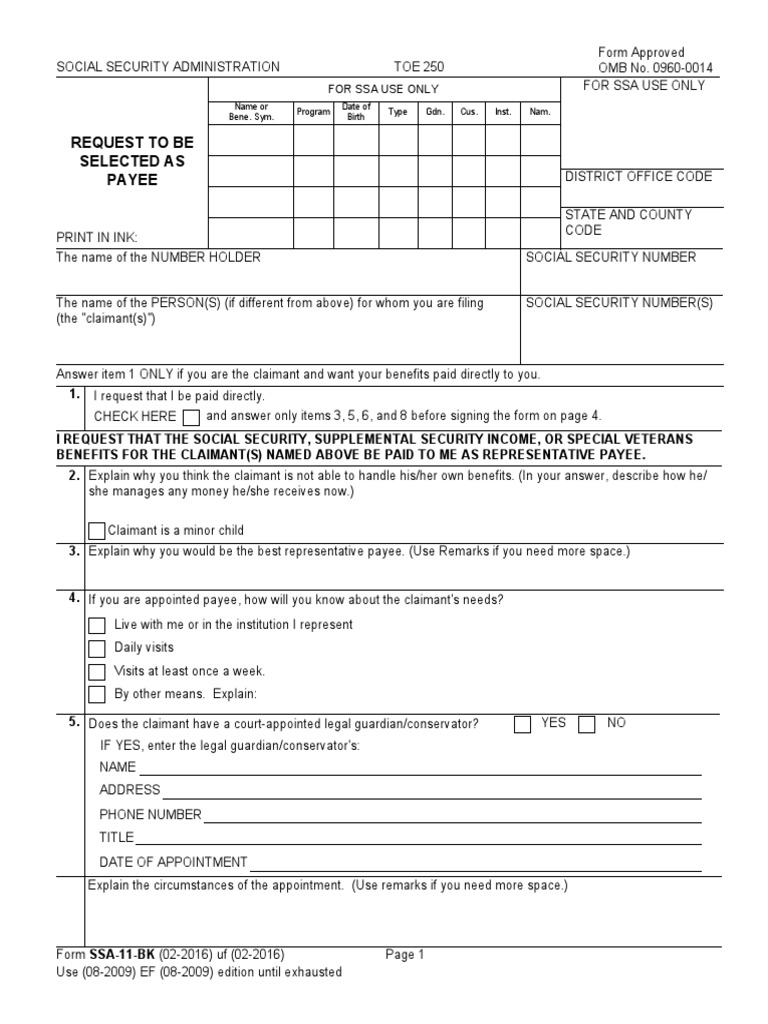 Request To Be Selected As Payee: For Ssa Use Only | PDF | Social ...
