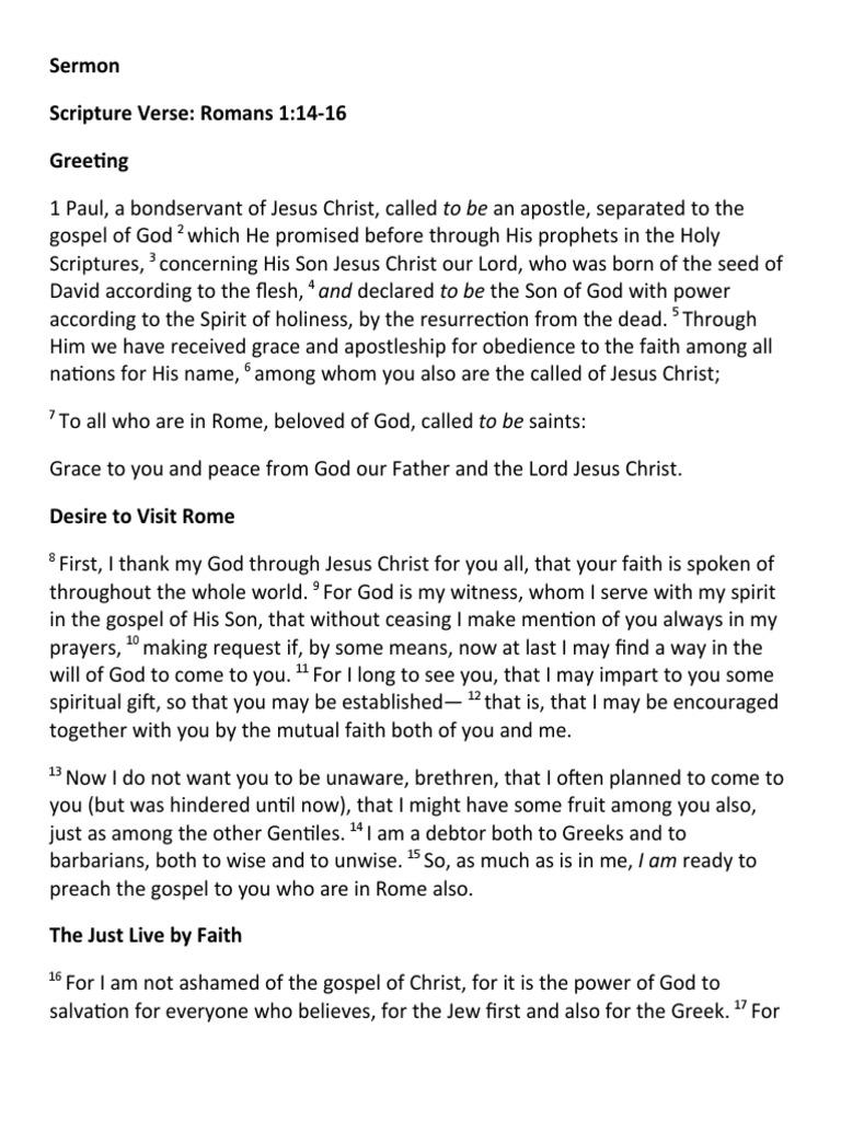 Sermon Scripture Verse: Romans 1:14-16 Greeting: and Declared To Be The ...