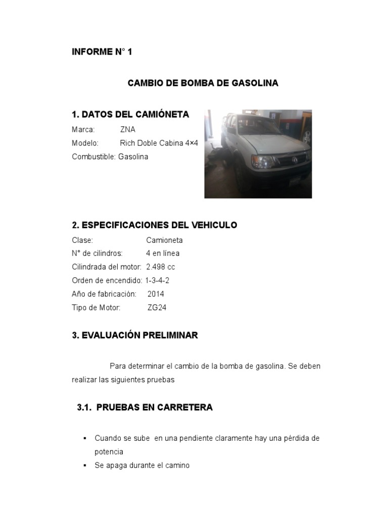 INFORME 1 Corregido Cambio de Bomba de Gasolina | PDF | Bomba | Bienes ...