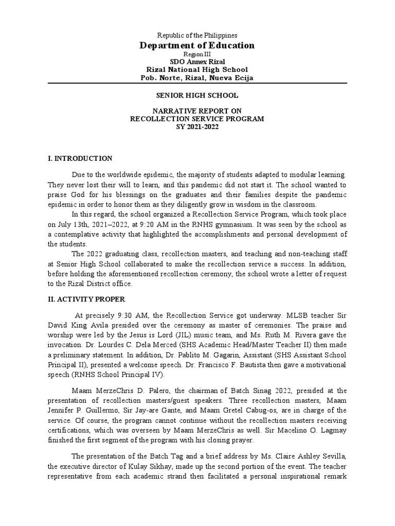 Narrative Report - Recollection Service Program 2022 | PDF