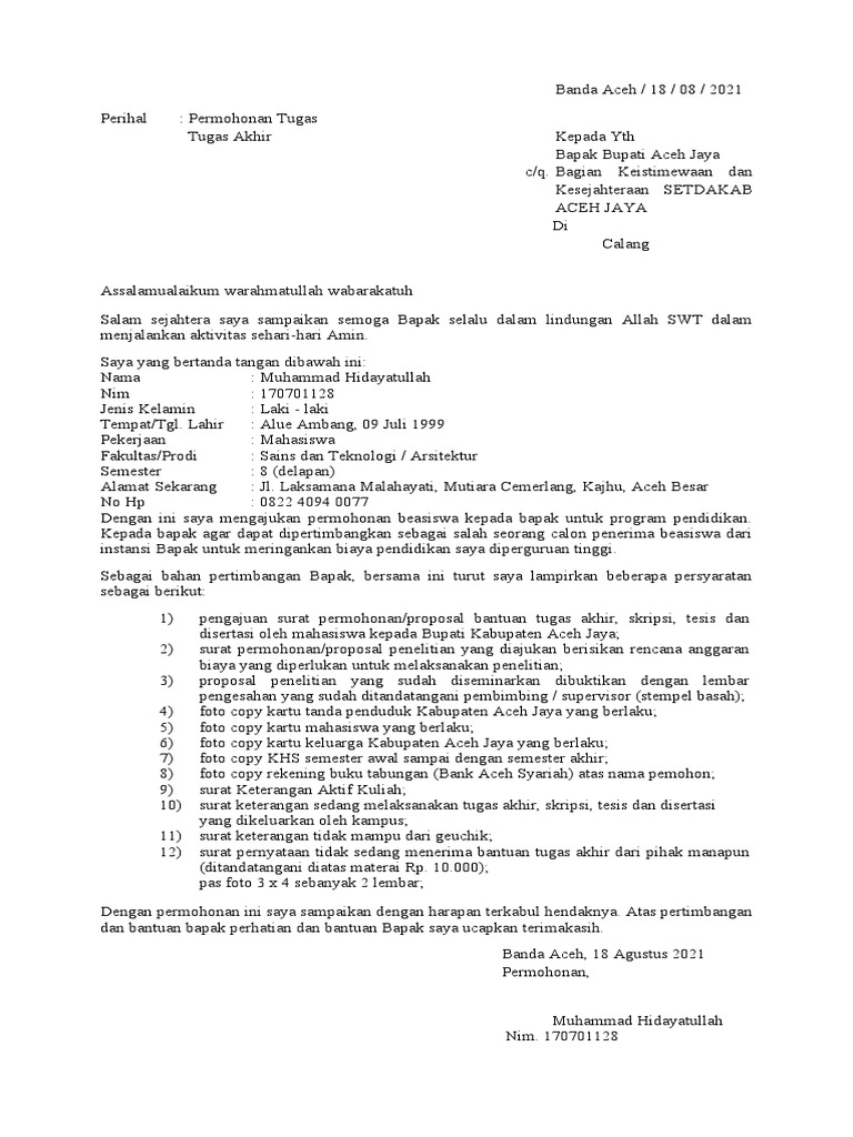 Contoh Surat Permohonan Beasiswa Dan Tugas Akhir | PDF