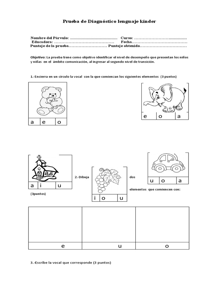 Prueba de Diagnostico Kinder Lenguaje | PDF | Artes del Lenguaje y ...