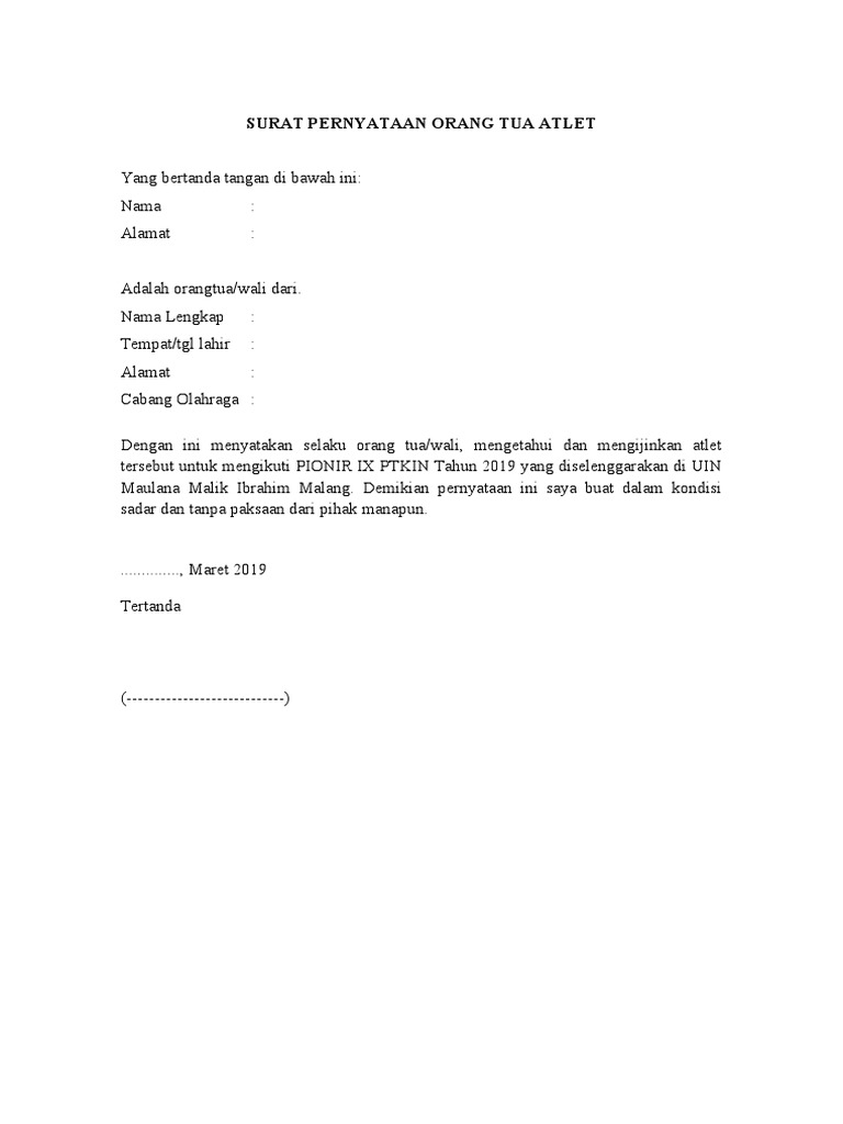 Surat Pernyataan Orang Tua Atlet | PDF
