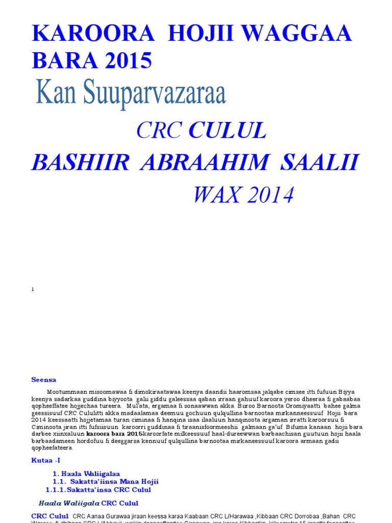 Karoora Hojii Waggaa BARA 2015: CRC Culul WAX 2014 | PDF