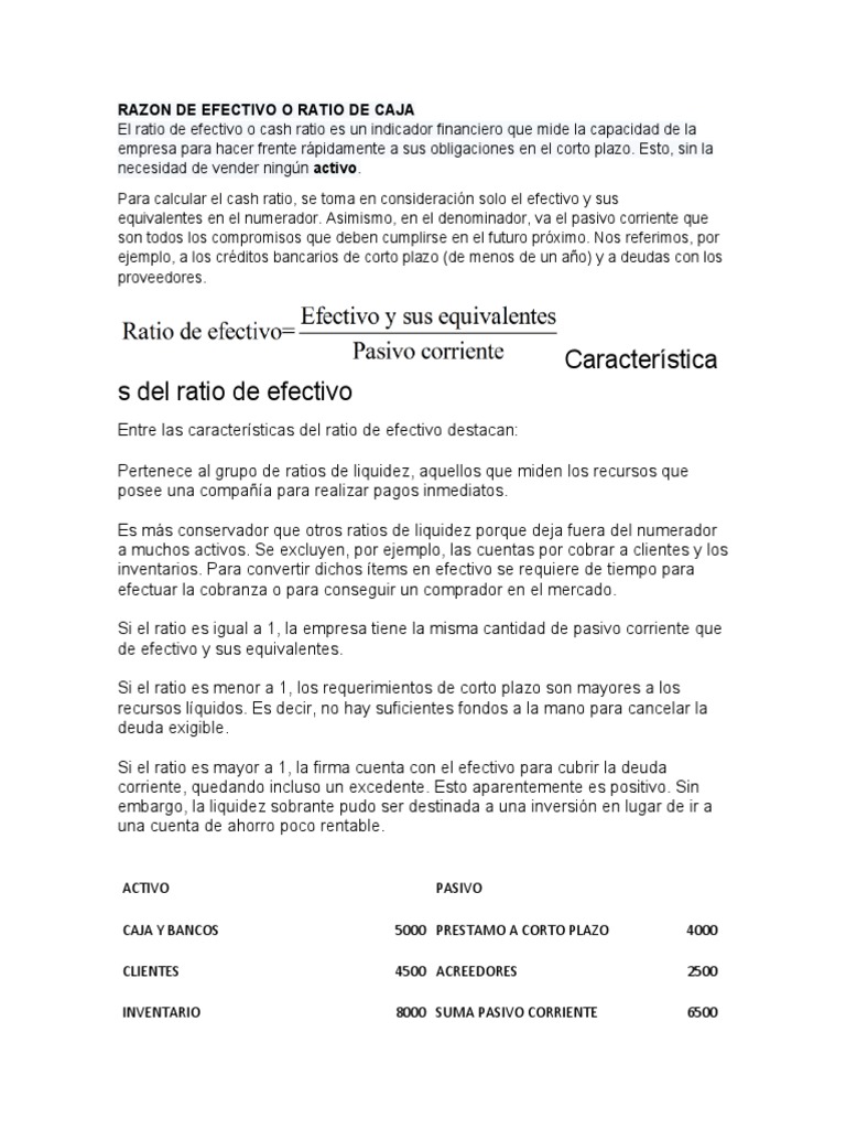 Ratio de Efectivo o Ratio de Caja | PDF | Liquidez de mercado | Economias