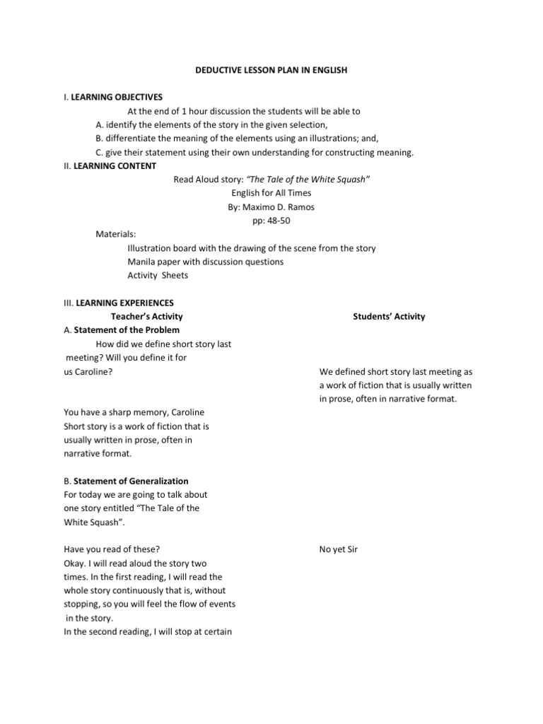 Deductive Lesson Plan in English | PDF | Leisure | Sports