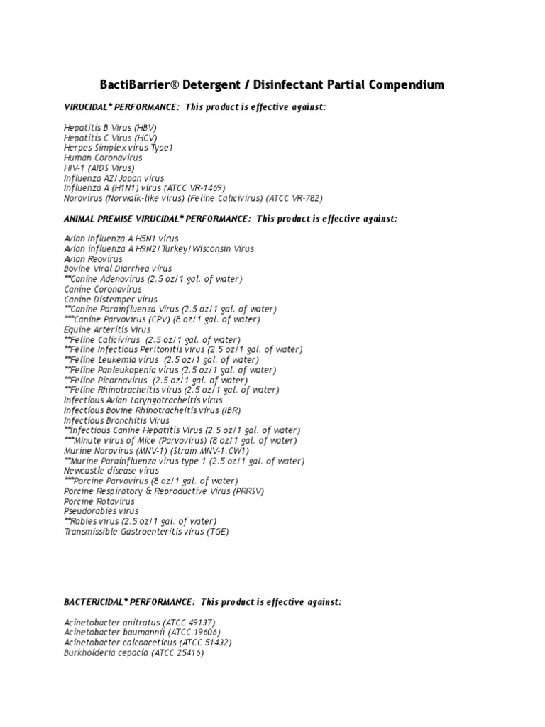 Bactibarrier® Detergent / Disinfectant Partial Compendium: Virucidal ...