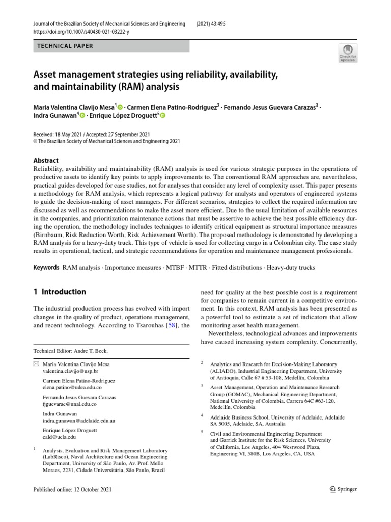 Asset Management Strategies Using Reliability, Availability, and Maintainability (RAM) Analysis ...