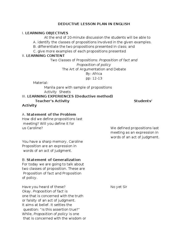 Deductive Lesson Plan in English | PDF | Proposition | Truth