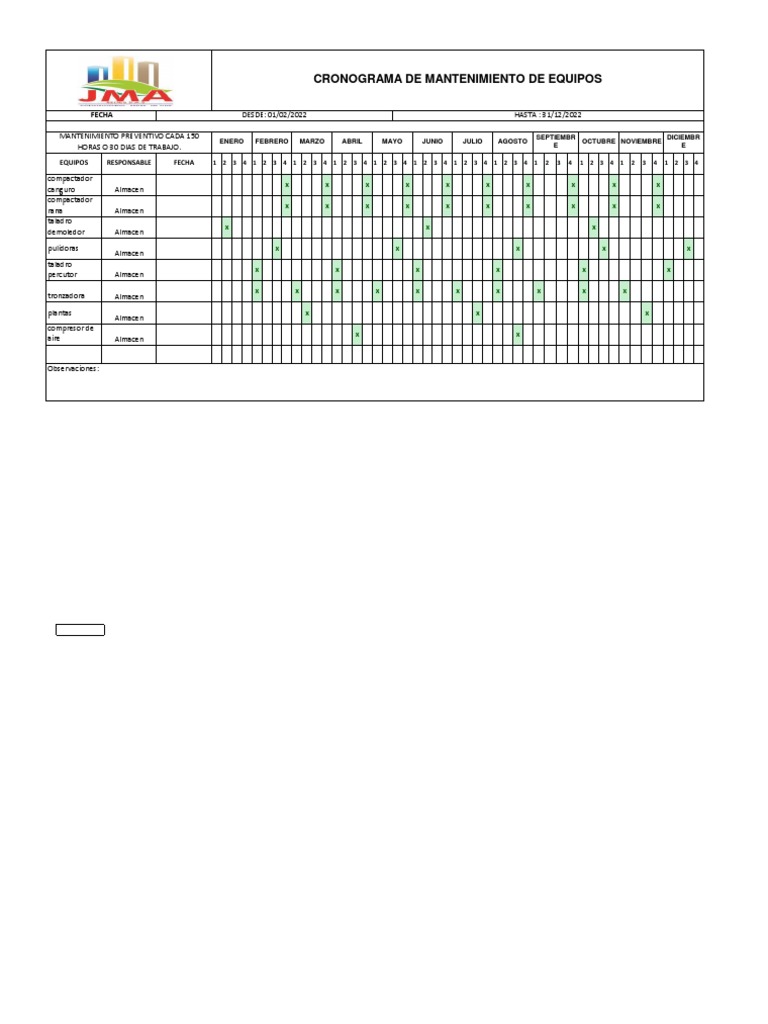 Cronograma Mantenimiento De Equipos Pdf