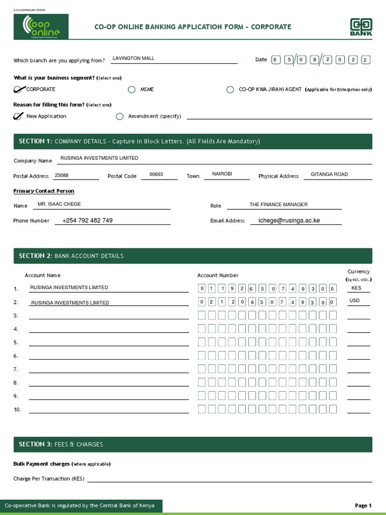 Co-Op Online Banking Application Form-Corporate 01 | PDF | Banks | Online Banking