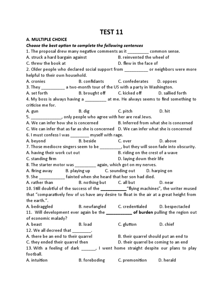 Test 11: Choose The Best Option To Complete The Following Sentences ...