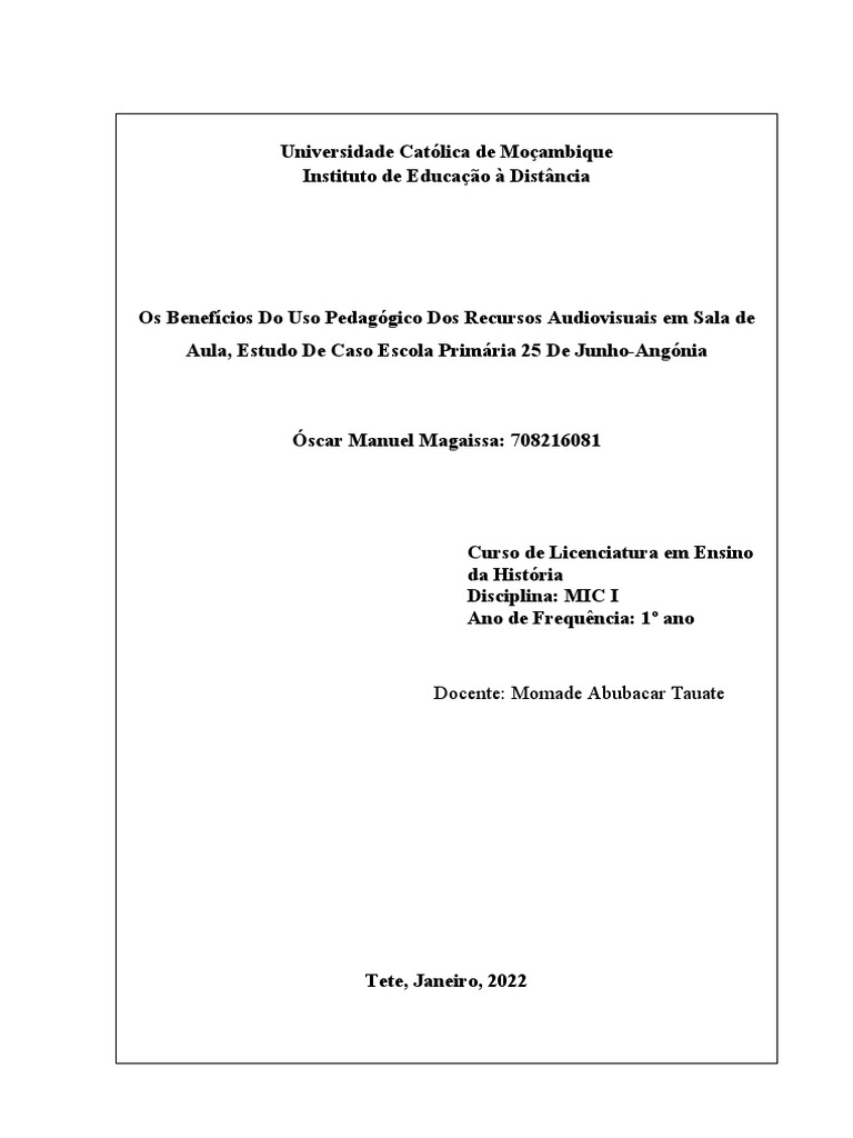 Trabalho II de MIC I - Curso de Historia - 1 Ano-Oscar Manuel - Turma B | PDF | Tecnologia da ...