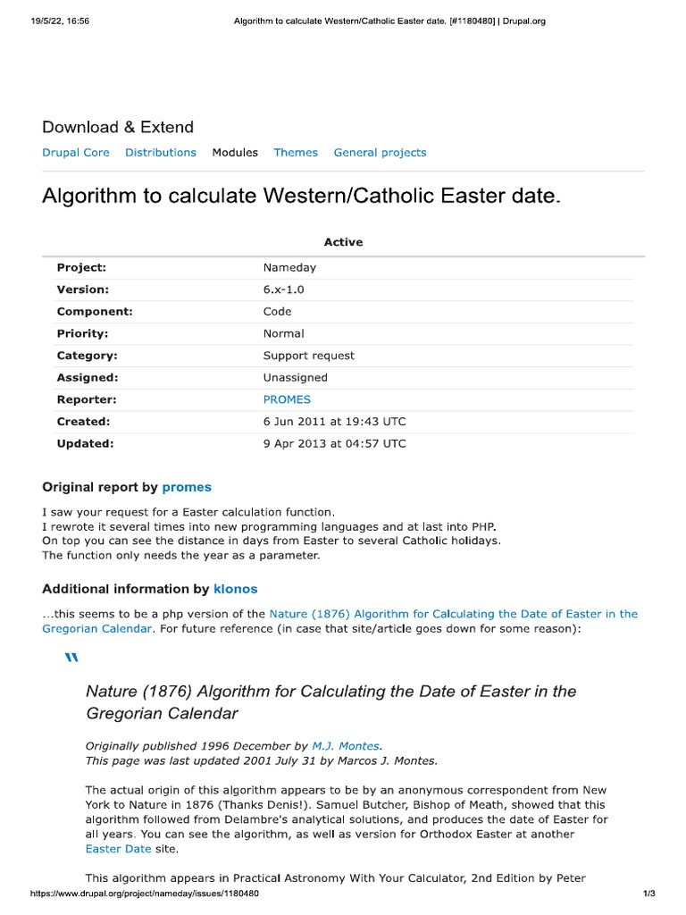Algorithm to calculate Western_Catholic Easter date. [#1180480 ...