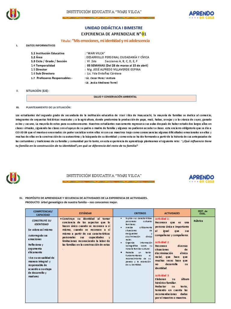 Experiencia de Aprendizaje #01 - DPCC 2do - I Bimestre | PDF | Evaluación | Aprendizaje