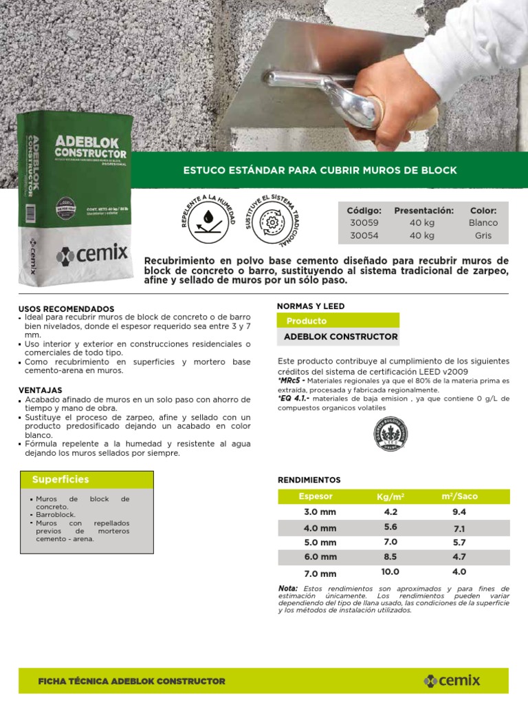 Cemix Adeblok Constructor FT | PDF | Agua | Hormigón